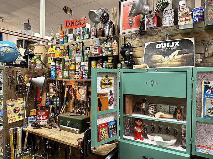 This booth looks like what would happen if your eccentric aunt's basement exploded &ndash; tools, toys, and treasures from every decade in glorious disarray.