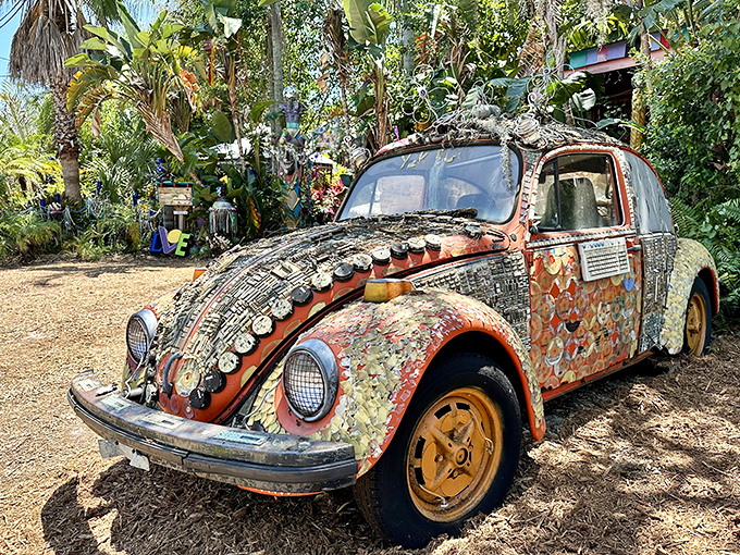 This Volkswagen Beetle traded its factory paint job for a dazzling coat of mosaic magic, becoming perhaps the most photographed car in Florida.