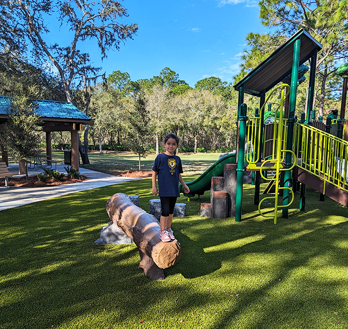 Nature-inspired play equipment invites young explorers to burn energy while parents appreciate the thoughtful balance of recreation and conservation.