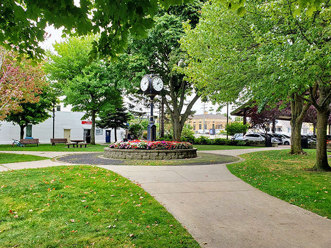 A peaceful public park where the grass is green, the trees provide shade, and benches invite lingering conversations.