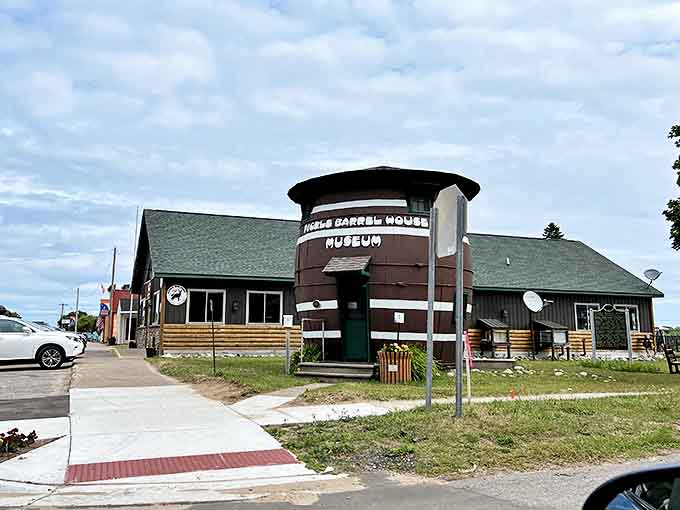 The barrel sits confidently in downtown Grand Marais, daring passersby not to pull over for a closer look and photo opportunity.
