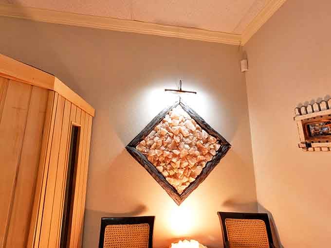 This illuminated salt wall isn't just pretty—it's working overtime to purify the air while simultaneously serving as nature's most impressive night light.