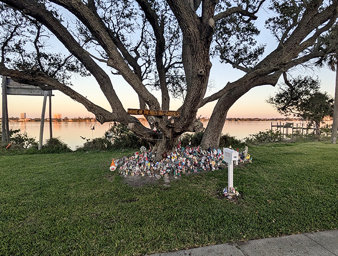 As the sun sets over the Halifax River, the gnome village takes on a golden glow, transforming from quirky roadside oddity to magical twilight kingdom.
