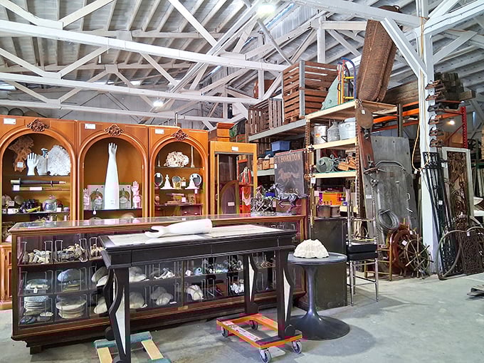 Elegant wooden display cases house smaller treasures, creating a museum-like experience where everything happens to have a price tag.