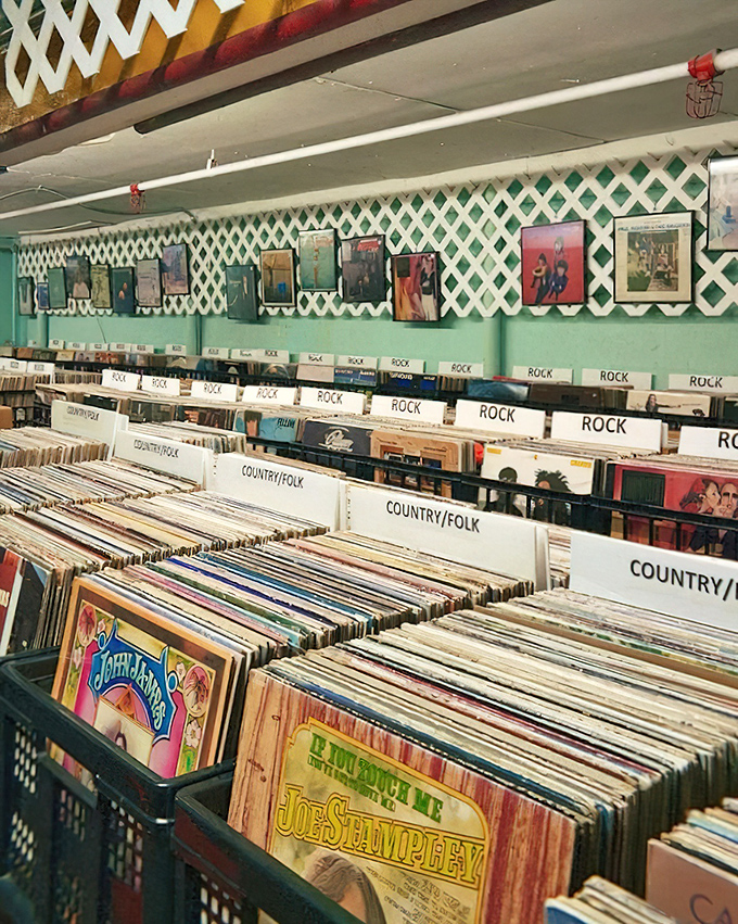 Vinyl enthusiasts can spend hours flipping through these musical time machines, rediscovering forgotten album art and tracks.