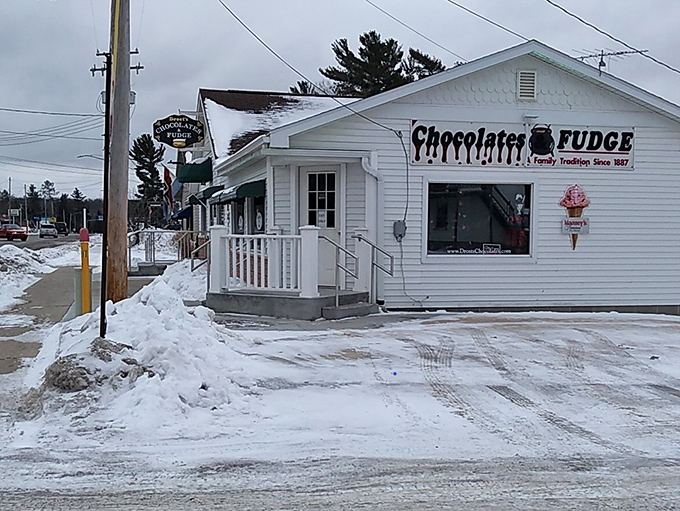 Vintage college pennants adorn the walls, creating a sense of place and tradition in this Northern Michigan institution.
