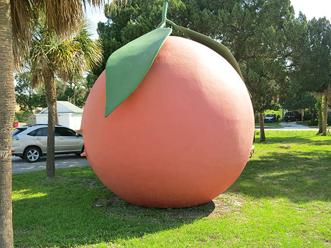 This concrete citrus creation once served fresh juice to travelers, now it serves up nostalgia and perfect photo opportunities.