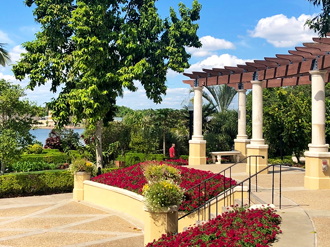 Hollis Garden's peaceful pathways lead visitors through floral displays to tranquil fountains, creating Lakeland's most photogenic retreat.