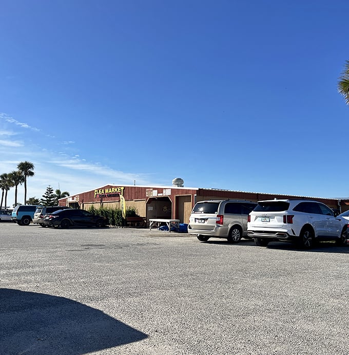Unassuming treasure vault! Renninger's modest exterior belies the antique wonderland within, where palm trees stand sentinel over cars filled with eager collectors.