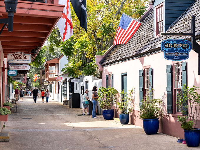 The narrow, pedestrian-friendly streets of St. Augustine's historic district invite exploration, with colorful buildings housing shops and caf&eacute;s.