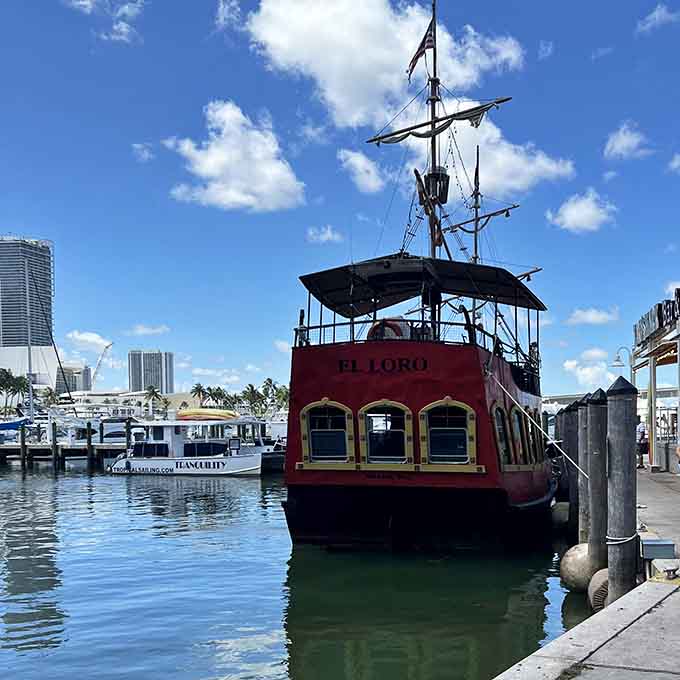 El Loro sits docked and ready, its colorful paint job reflecting Miami's vibrant personality in every brushstroke.