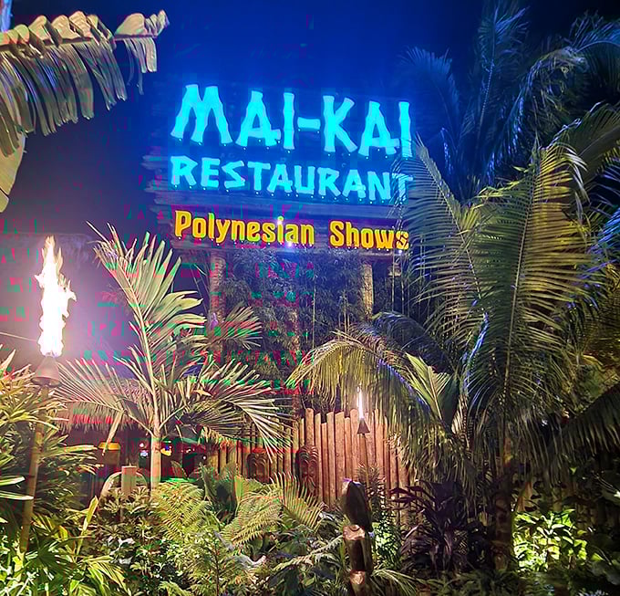 Tiki torches and lush tropical plants create the perfect entrance to Mai-Kai's Polynesian paradise in Fort Lauderdale.