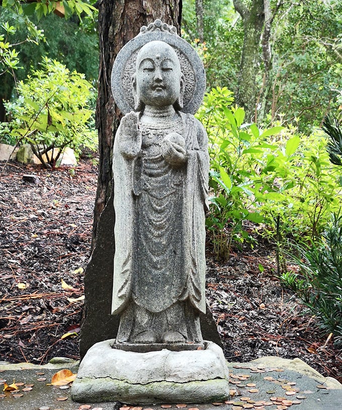 Serenity flows from this Buddha statue, perfectly at home among the bamboo and flowing water of this Japanese-inspired Florida oasis.