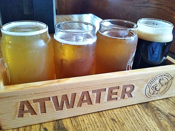Beer flights arrive in branded wooden carriers, offering a tasting tour of Michigan's craft landscape without leaving your church pew &ndash; er, dining chair.