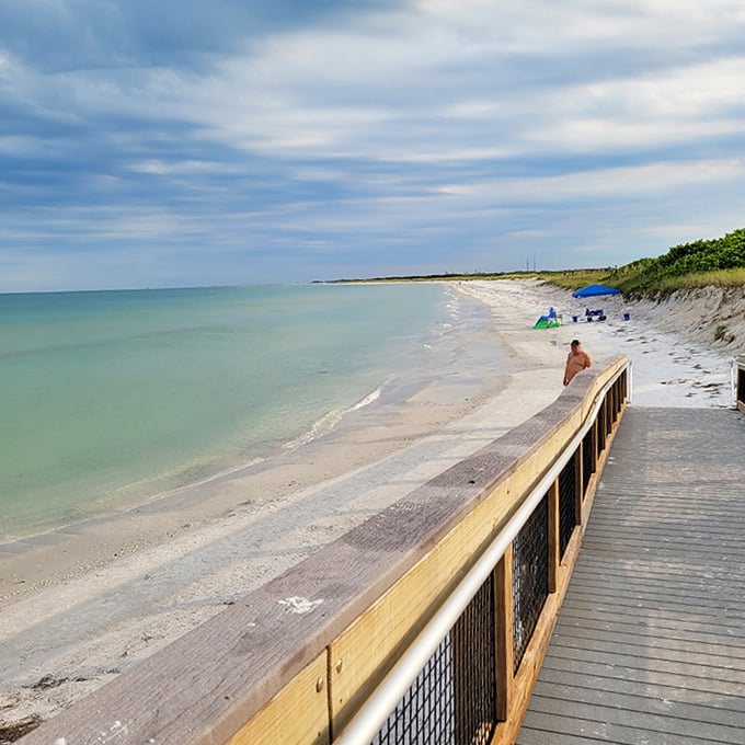 The wooden boardwalk offers humans a civilized path to paradise, while dogs prefer the direct sand-between-the-paws approach.