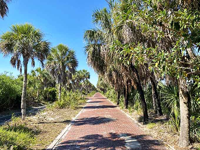 A red-brick road flanked by swaying palms creates a tropical tunnel that's more enchanting than any mall promenade you've ever window-shopped.