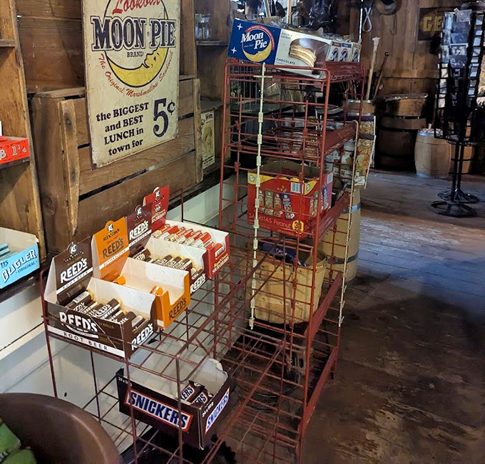 Vintage candy displays transport visitors to childhood memories, with treats that have disappeared from chain stores but live on in this rural time capsule.