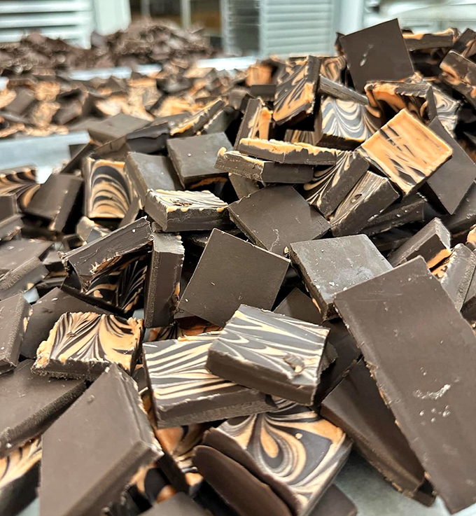 Handcrafted chocolate bark pieces &ndash; each one a unique masterpiece of swirled cocoa artistry.