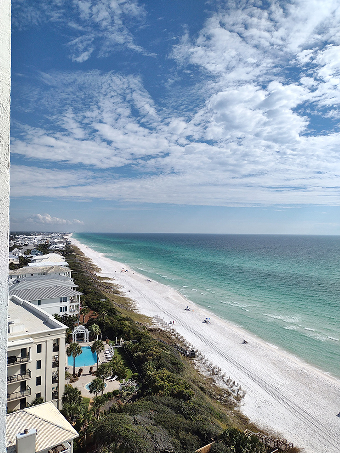 Panoramic perfection: From this vantage point, Seagrove's coastline stretches like a white ribbon against the emerald tapestry of the Gulf&mdash;no filter required.