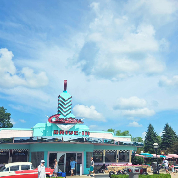 Coasters Drive-In serves up nostalgia alongside burgers and fries, its retro aesthetic making every meal feel like a scene from a classic American summer.