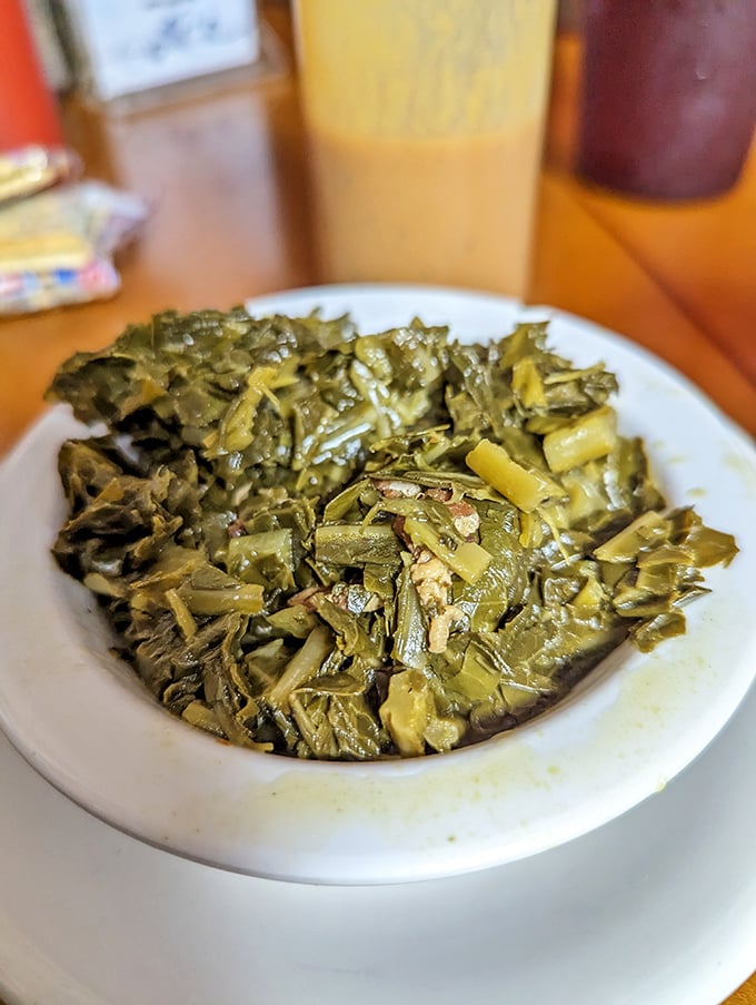 These aren't just collard greens &ndash; they're an education in Southern cooking, simmered low and slow with bits of pork for that unmistakable flavor.