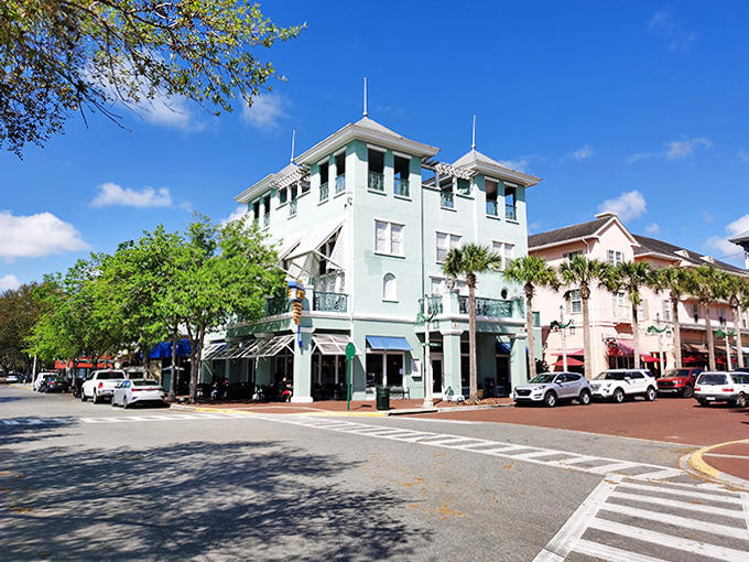 Buildings in shades of mint, coral, and buttercream create a townscape that looks good enough to eat.