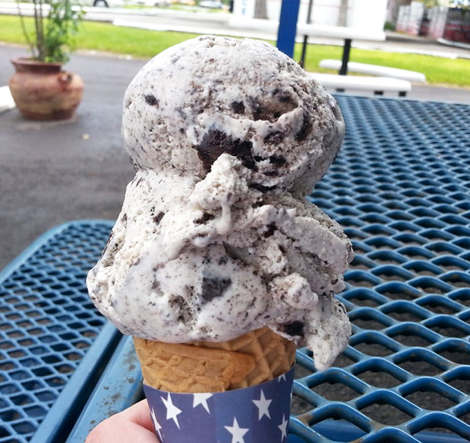 Cookies and cream ice cream with chunks so substantial they deserve their own zip code—proof that some things in life should never be done halfway.
