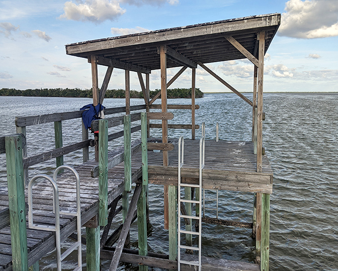 The wooden deck and ladder &ndash; your connection between two worlds, one wet, one slightly less wet.