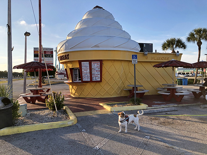 The cheerful yellow exterior welcomes visitors with its waffle-pattern walls and shaded picnic tables &ndash; a dessert oasis where memories are made one lick at a time.