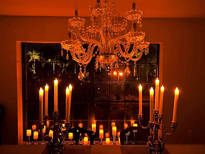 Dinner by candlelight takes on new meaning when there are enough flames to summon a spirit or two. Ambiance that Dracula would approve.