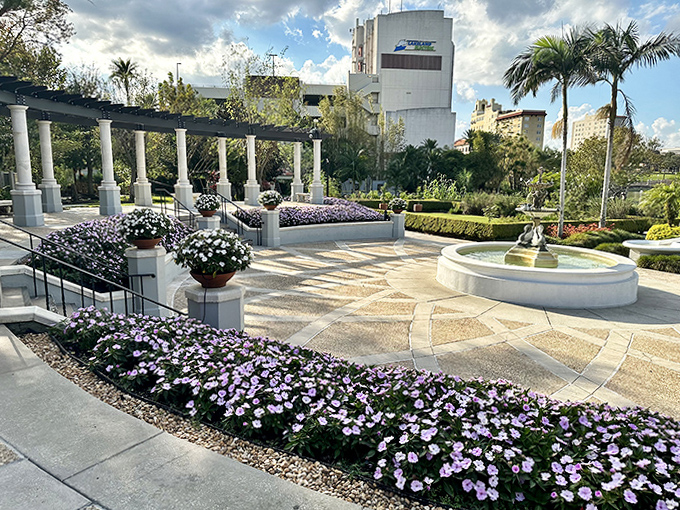 Purple blooms create a royal carpet beneath the pergola, proving Florida's growing season offers visual feasts that northern gardens can only dream about.