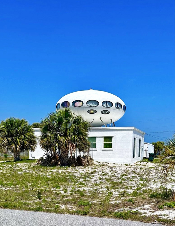 Morning light bathes the gleaming white exterior, highlighting the Futuro's perfect flying saucer silhouette against Florida's blue skies.