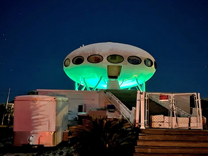 After dark, the Futuro transforms with ethereal green lighting, looking ready to beam someone up or perhaps phone home.