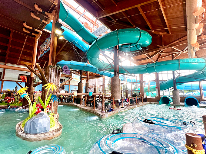 Water slides snake through the ceiling while families splash below &ndash; architectural proof that fun can be structural and functional.