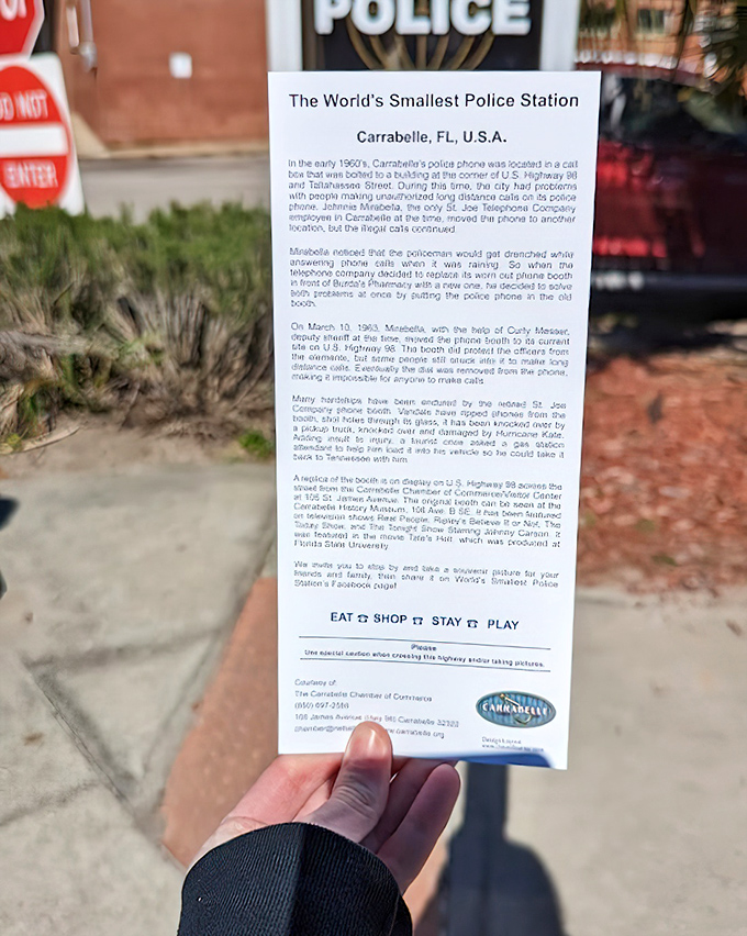 The informational brochure tells a tale of small-town ingenuity&mdash;when life gives you rain, build a phone booth police station!