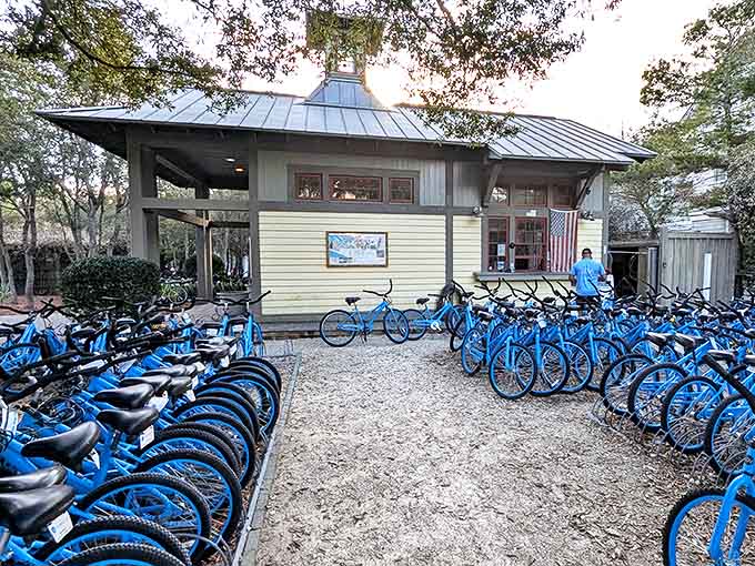 La Dolce Vita's blue bicycle fleet stands ready for adventure&mdash;because in Seaside, the best discoveries happen on two wheels at a leisurely pace.