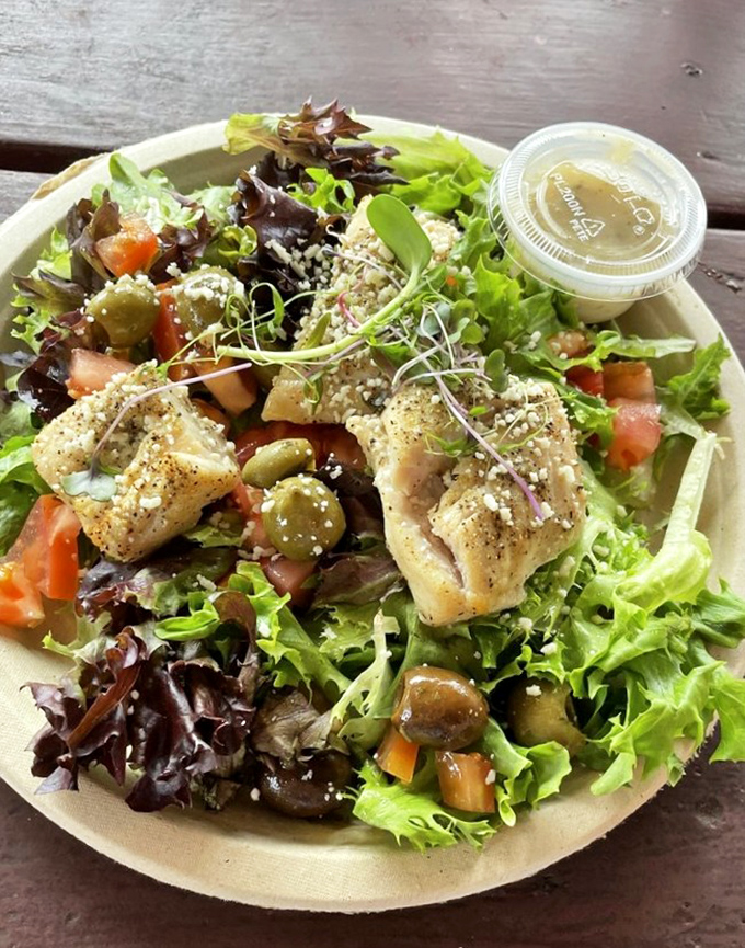 A salad that doesn't apologize for being healthy &ndash; fresh greens crowned with delicate fish and olives, Florida sunshine on a plate.