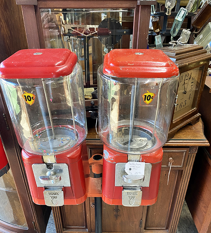 These cheerful red gumball machines once delivered childhood joy for just a dime &ndash; mechanical magic that required no charging cable or software updates.