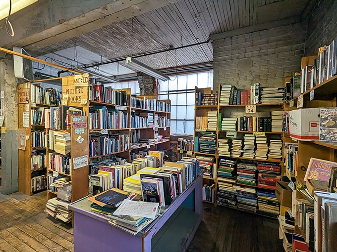 In this cozy nook, art books and illustrated volumes create a colorful oasis amid the industrial surroundings, inviting browsers to linger.