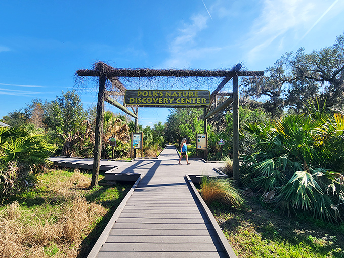 The welcoming entrance to Polk's Nature Discovery Center, where Florida's wild wonders await just beyond the wooden boardwalk.