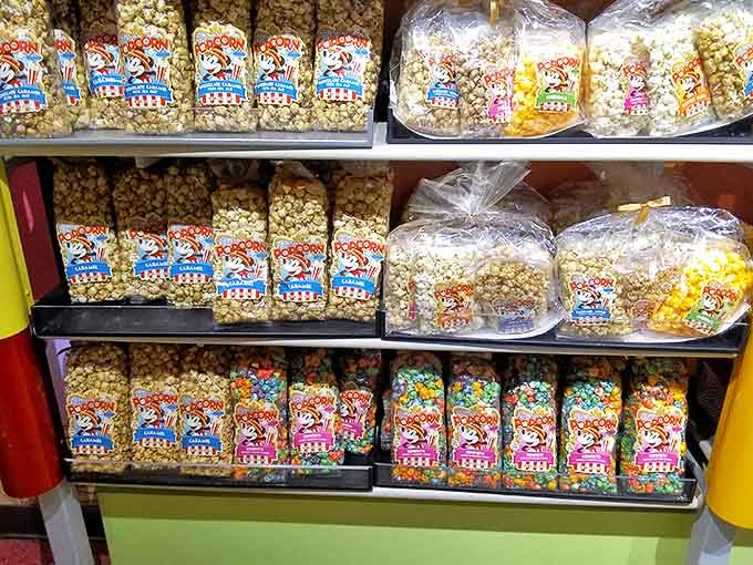 Bags of specialty popcorn line the shelves &ndash; because sometimes you need a salty interlude between sugar rushes.