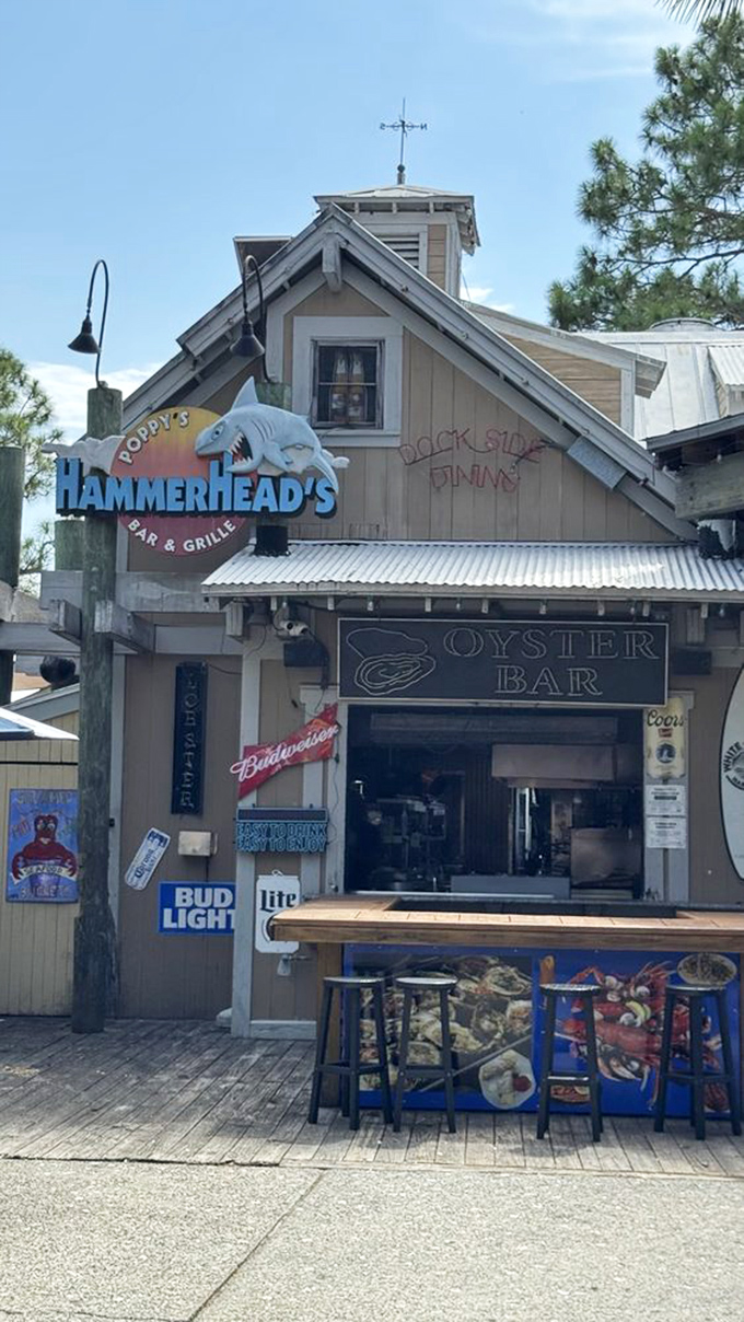 Hammerhead's Bar & Grille sports a shark that's more welcoming than threatening—unlike the effect their seafood platters have on your diet plans.
