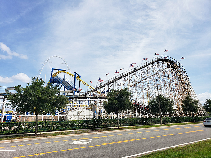 White Lightning's wooden structure creates a symphony of clicks and clacks – nature's way of announcing that serious fun is about to commence.