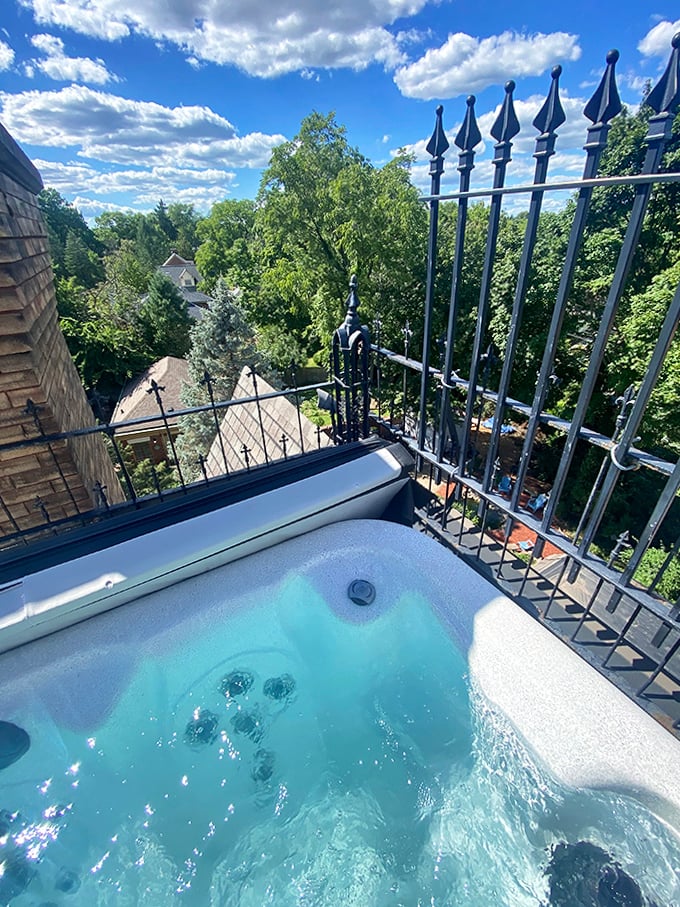 Skyline Soaking: Perhaps Michigan's most regal hot tub experience&mdash;bubbling relaxation with panoramic views of Kalamazoo spread below.