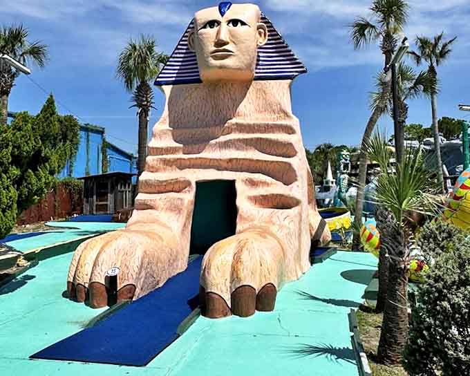 The Great Sphinx of Panama City Beach stands majestically, challenging golfers to navigate its ancient riddle: "How do I get a hole-in-one here?"