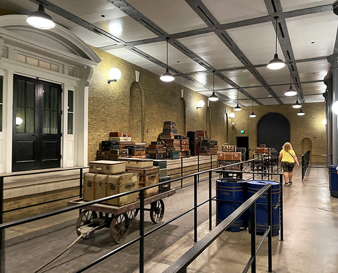 The baggage area feels lifted straight from a 1930s British railway station, down to the period-correct luggage carts.