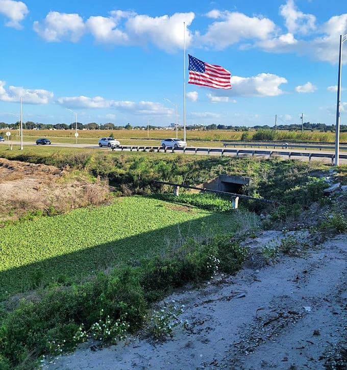 The American flag waves proudly over the landscape, a patriotic touch that adds context to this journey through the nation's agricultural backbone.