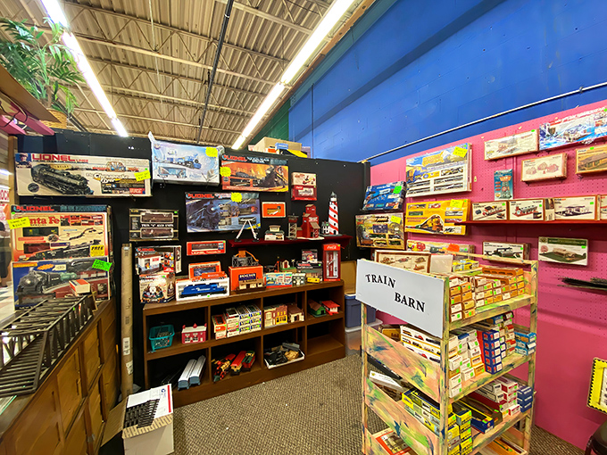 The "Train Barn" beckons to model railroad enthusiasts and nostalgic adults alike, with miniature worlds waiting to be discovered.