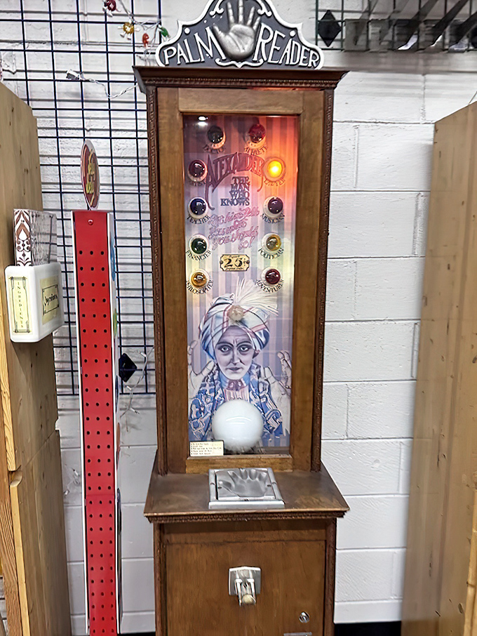 This vintage palm reader doesn't dispense candy, but delivers the mechanical magic of an era when entertainment didn't need batteries.