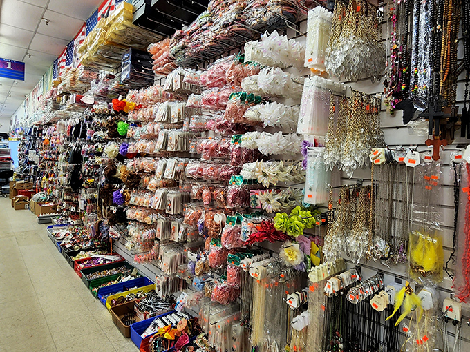 The accessories wall presents a dazzling array of options for those who believe no outfit is complete without proper embellishment.